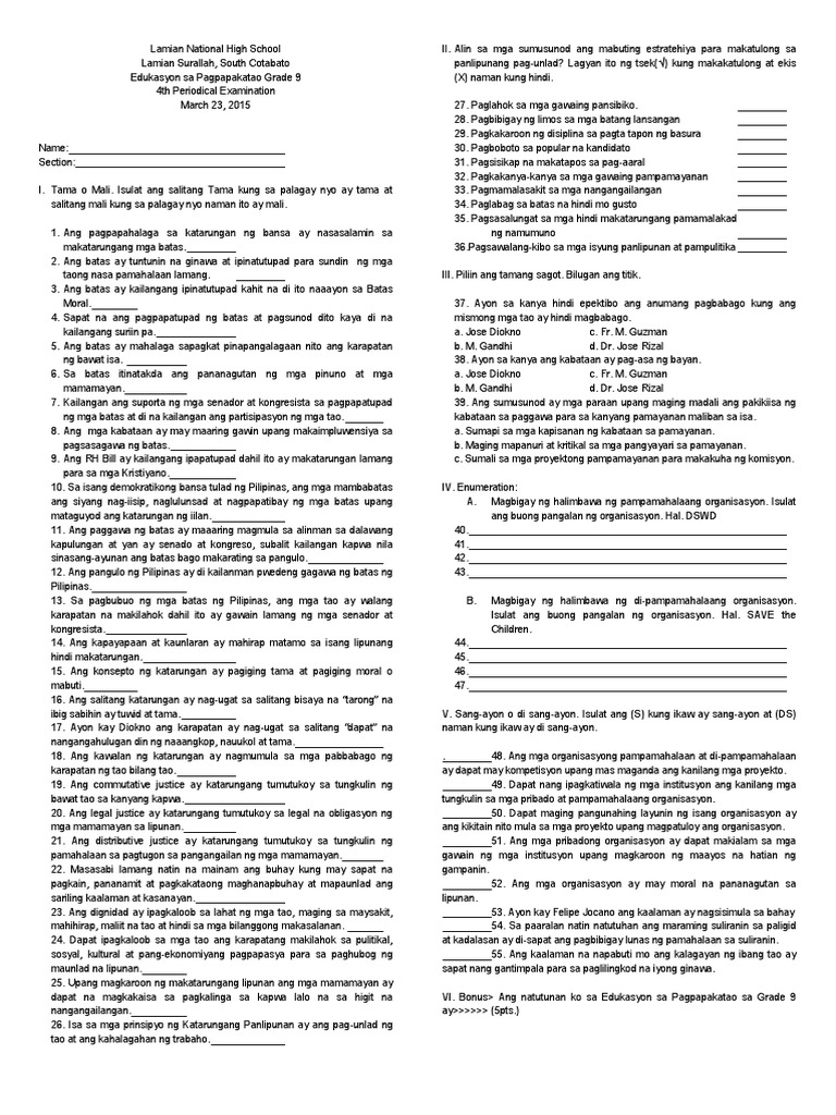 EsP Grade 9 4th Periodical Exam | PDF