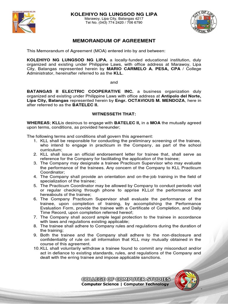 KLL-BATELEC II Practicum Agreement | PDF | Business Law | Civil Law (Legal System)