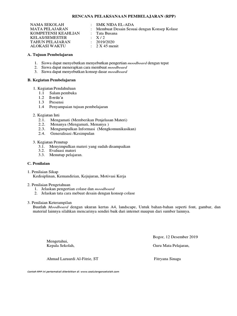 Contoh RPP 1 Lembar Busana | PDF