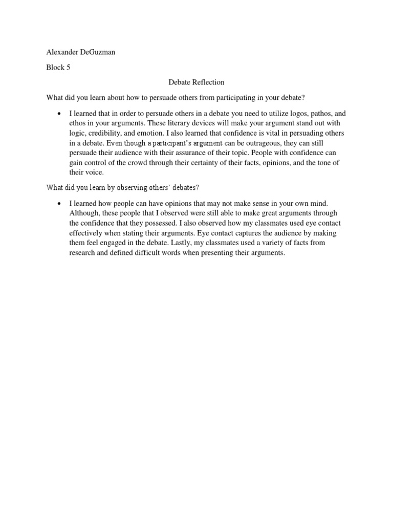 Debate Reflection Questions For Portfolio | PDF