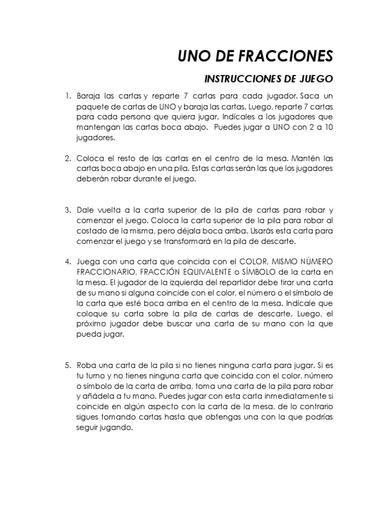 Instrucciones para jugar Uno de fracciones | PDF | Juego de azar ...