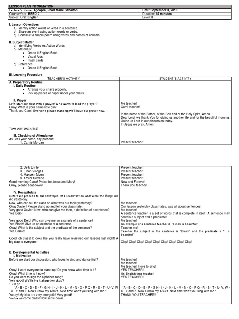 Grade 2 English Lesson Plan: Verbs | PDF | Subject (Grammar) | Question