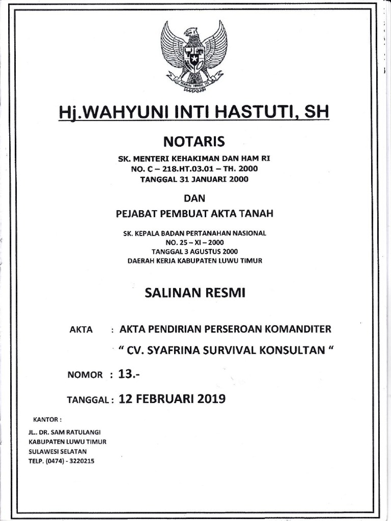 Akta NOTARIS CV. SYAFRINA SURVIVAL | PDF
