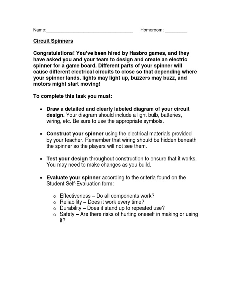 Circuit Spinner Assessment Task | Download Free PDF | Rubric (Academic ...