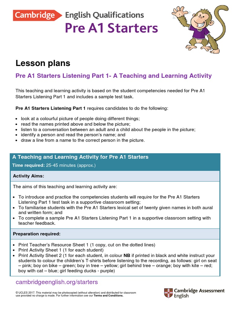 Pre A1 Starters 2018 Listening Part 1 PDF | PDF | Classroom | Teachers