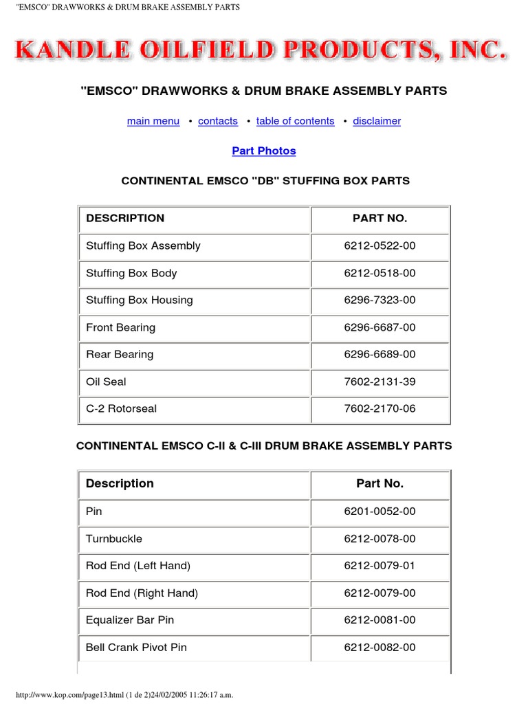 EMSCO Drawworks & Brake Parts List | PDF | Vehicle Technology ...