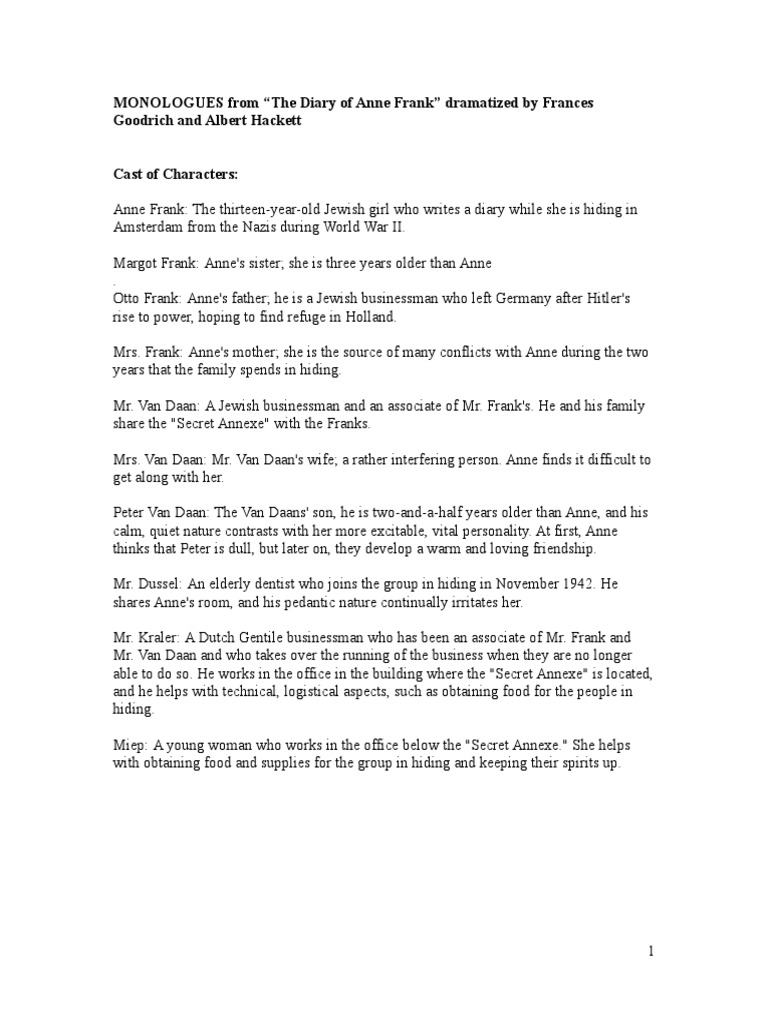 Anne Frank Monologues from the Play | PDF