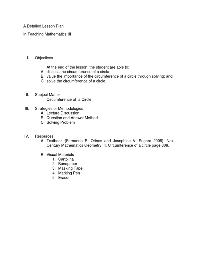 A Detailed Lesson Plan in Circumference of A Circle | PDF | Circle ...