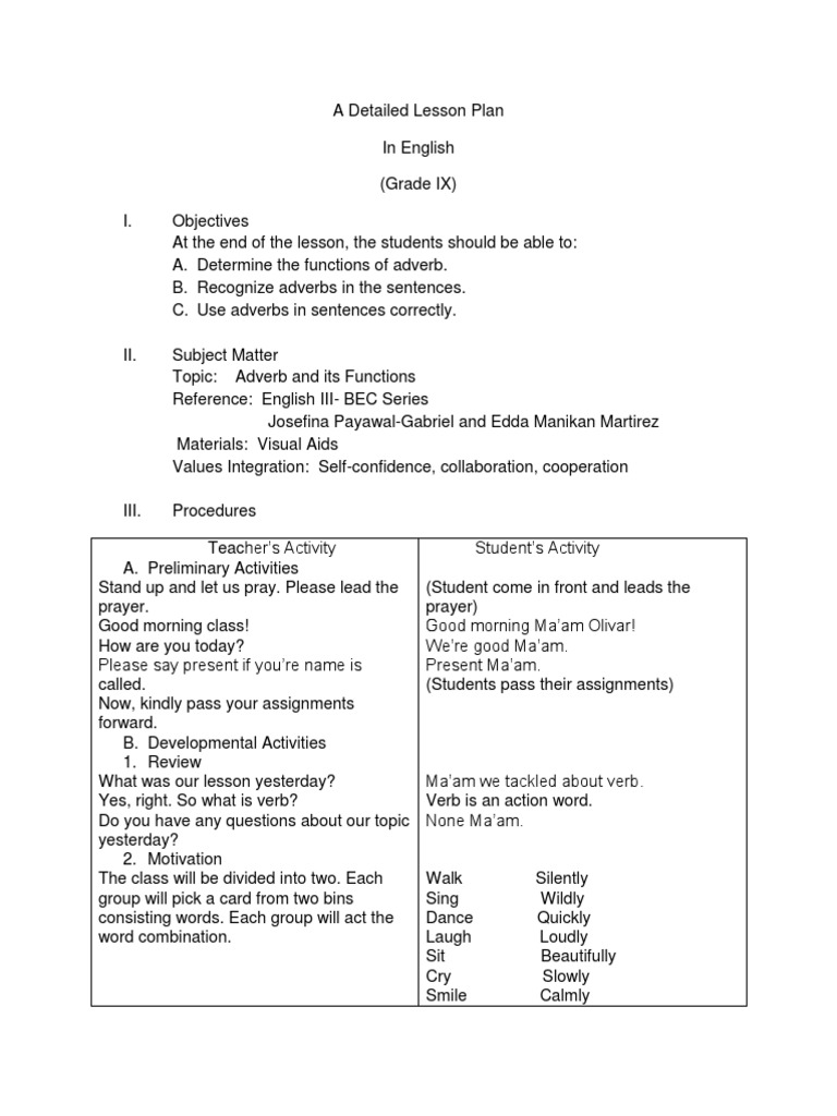 Detailed Lesson Plan In English Grade 9 Adverb Lesson Plan 4 Ways To