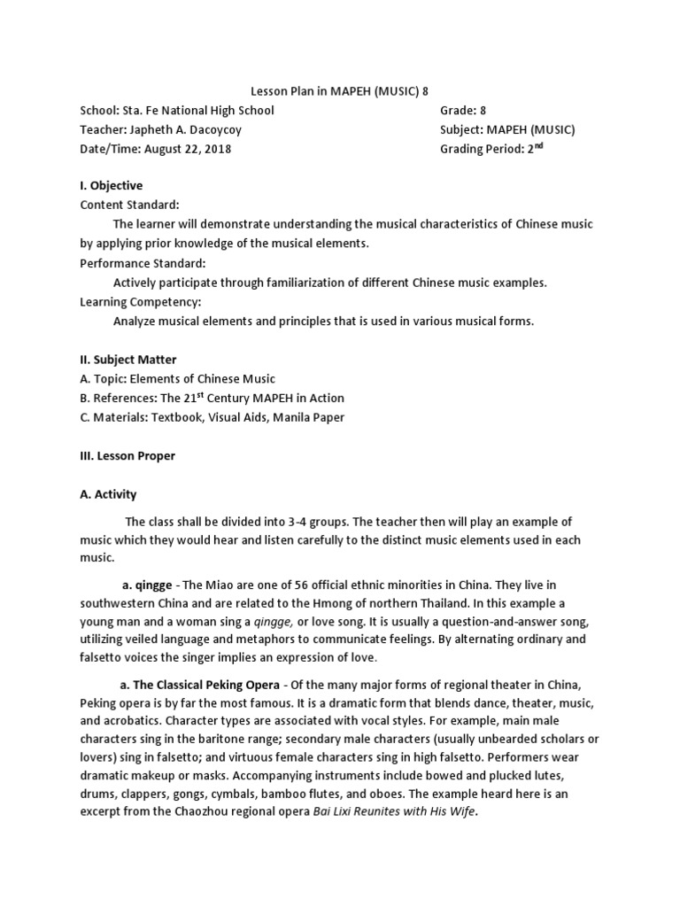 Lesson Plan in Music 8 | PDF | Musical Instruments | Singing