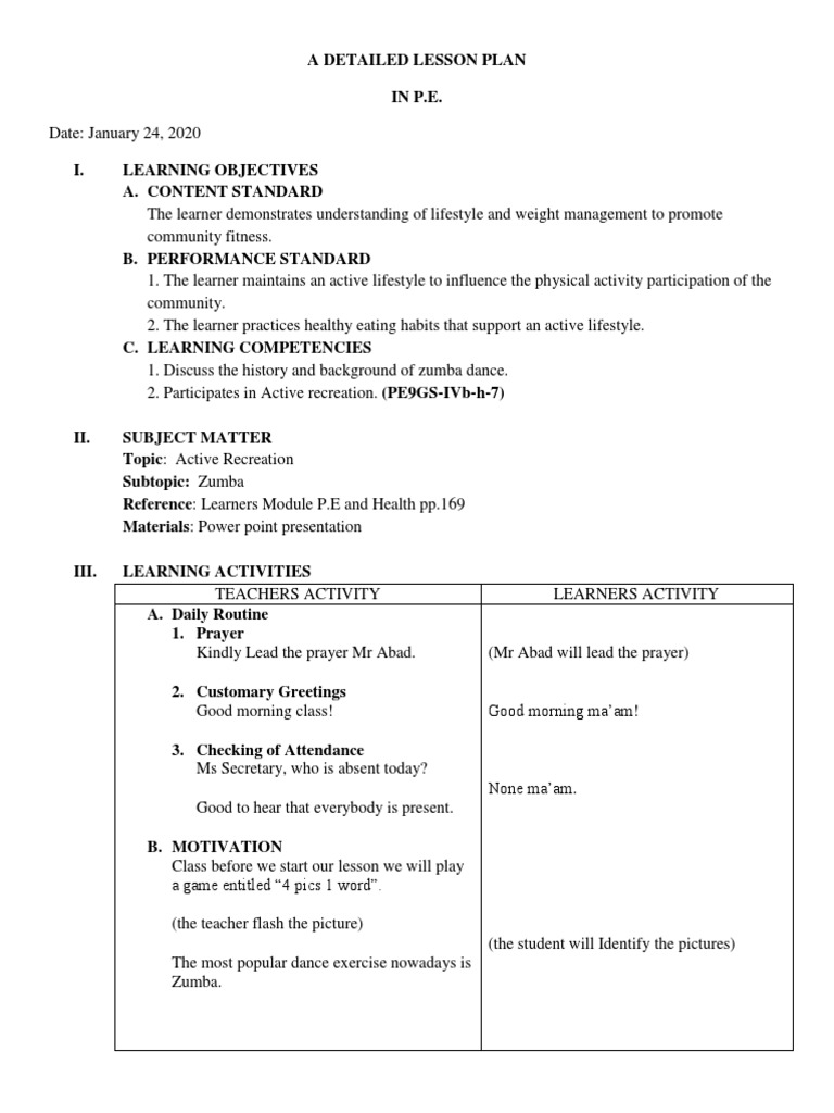 Zumba Lesson Plan for PE Class | PDF | Physical Fitness | Physical ...
