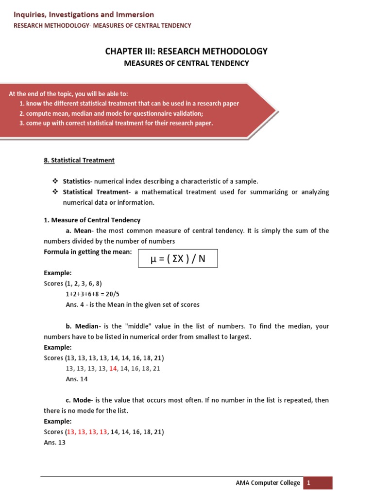 Chapter Iii - Research Methodology - Measures of Central Tendency-1 ...