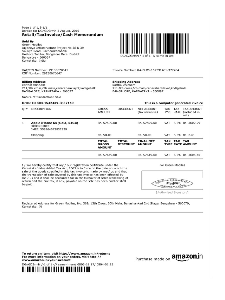 Iphone 6s Bill | PDF