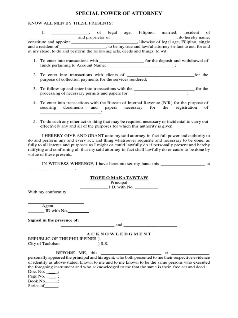 SAMPLE SPA (Processing) | PDF | Power Of Attorney | Private Law