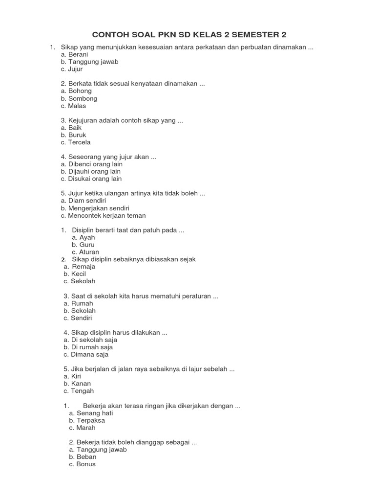 Contoh Soal PKN SD Kelas 2 Semester 2 | PDF