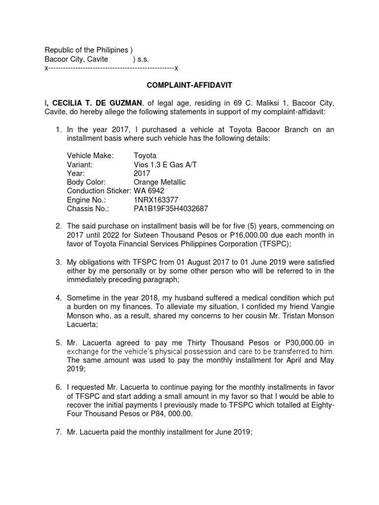 Complaint-Affidavit Carnapping | PDF | Justice | Crime & Violence