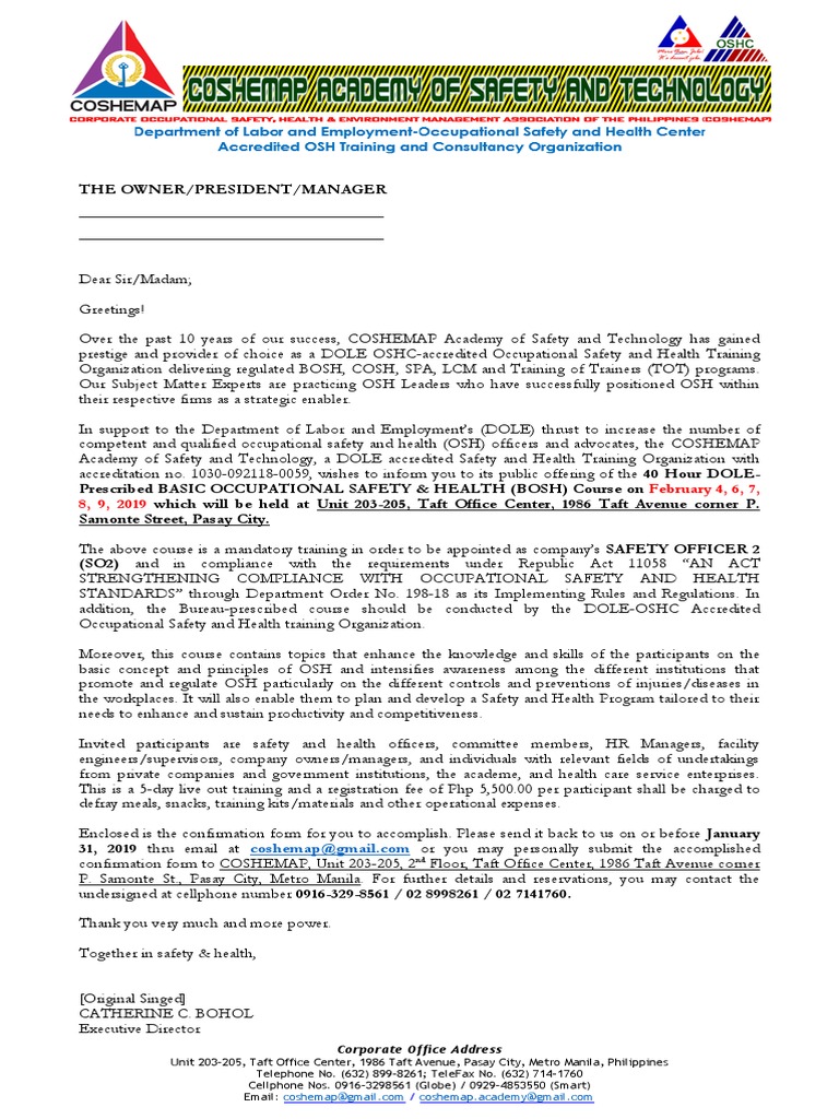 BOSH - Invitation Letter On February 4, 6, 7, 8, 9, 2019 at Taft Avenue ...