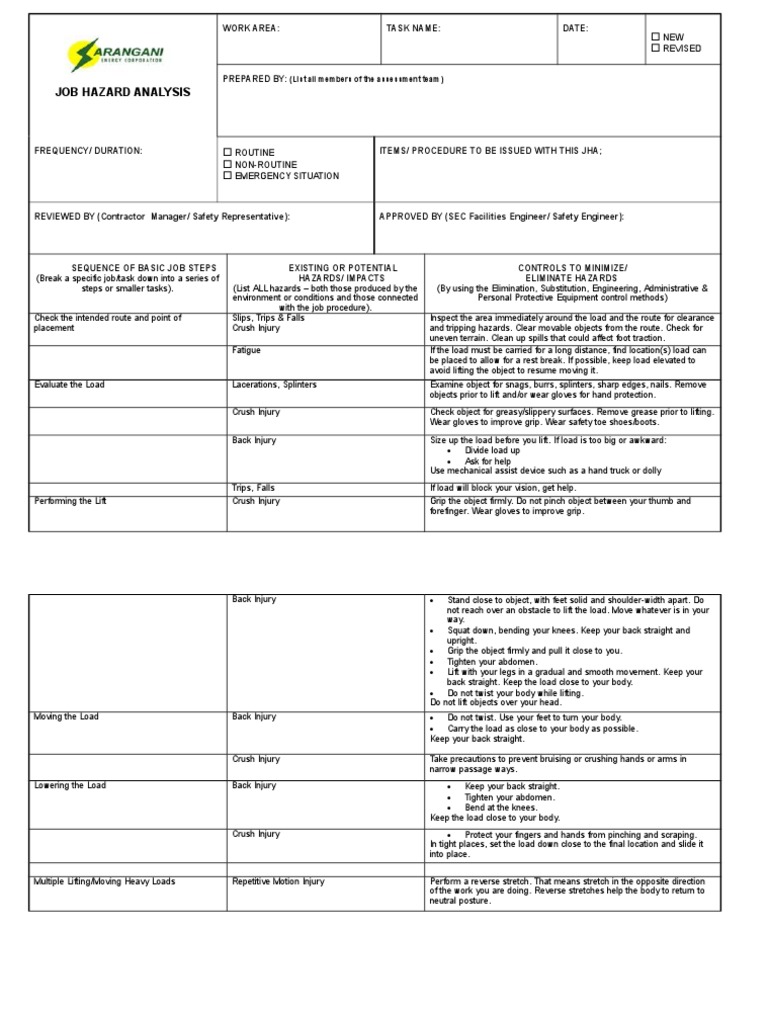 JHA Lifting Moving Heavy Loads | PDF | Personal Protective Equipment ...