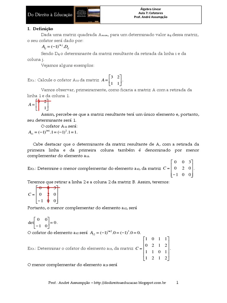 Álgebra Linear - Aula 7 - Cofatores | PDF | Determinante | Teoria da Matrix