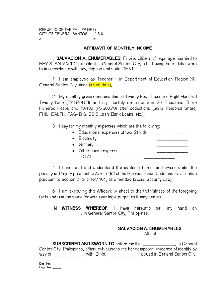 Affidavit of Monthly Income | PDF | Law