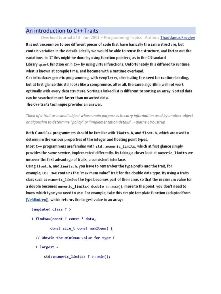 An Introduction To C++ Traits | PDF | C++ | C (Programming Language)