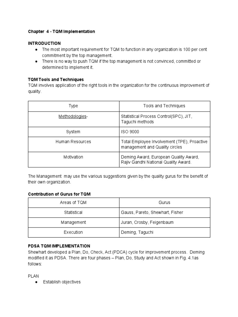 Chapter 4 - TQM Implementation PDF | PDF | Goal | Economies