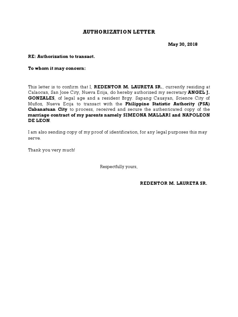 Authorization Letter - Redentor | PDF | Document | Written Communication