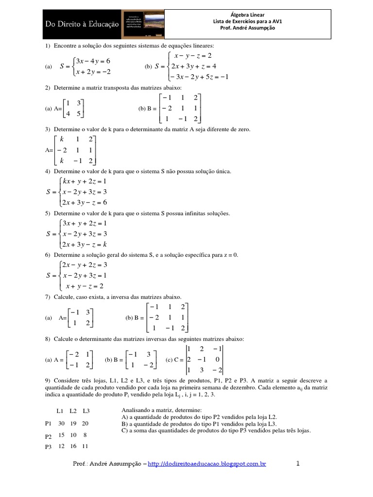 Lista De Exercícios De Álgebra Linear Sobre Sistemas De Equações