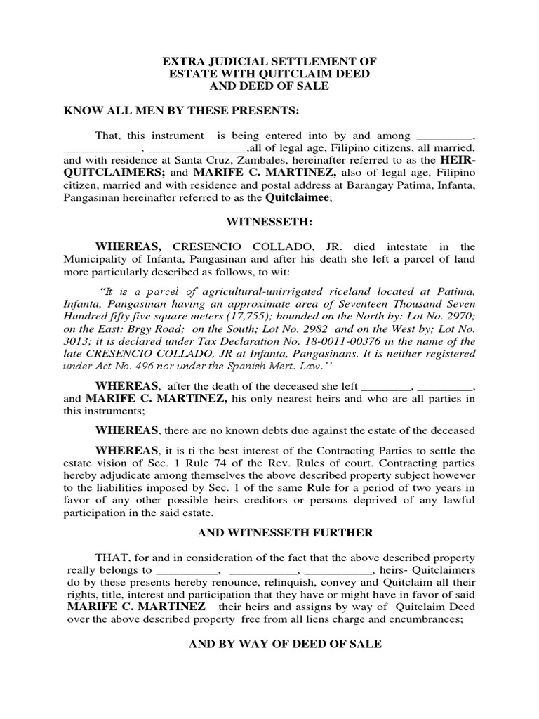 Extra Judicial Settlement of Estate With Deed of Sale | PDF | Identity ...