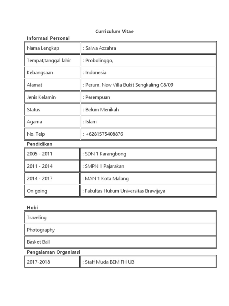 Curriculum Vitae Salwa Azzahra | PDF