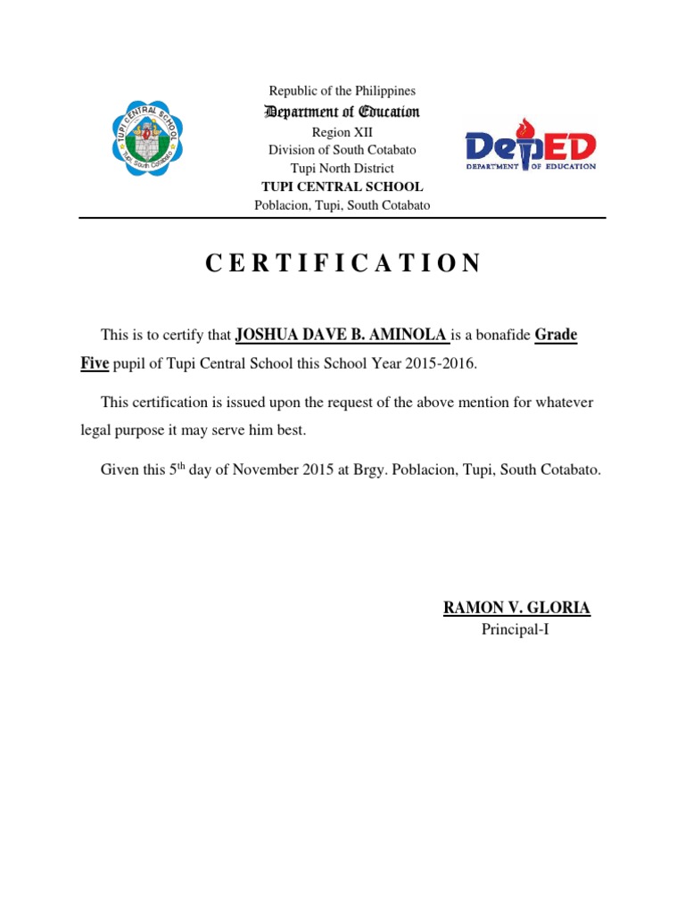 Certification of Enrolment Sample | PDF
