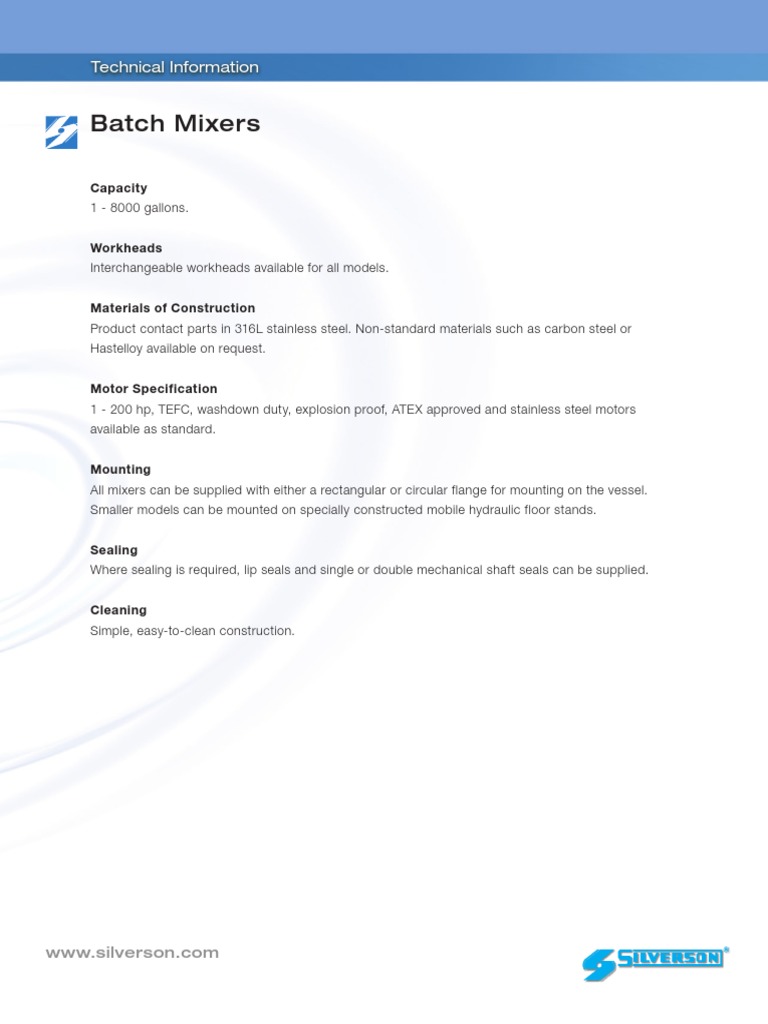Batch Mixers Technical Specs | PDF | Mechanical Engineering ...