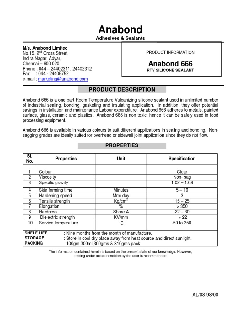 Anabond 666 RTV Silicone Sealant PDF | PDF | Silicone | Industrial ...