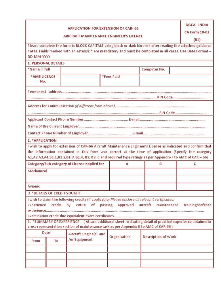 Application for Extension of Aircraft Maintenance Engineer's Licence ...