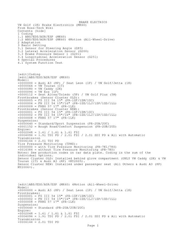 MK 60 Brake Electrics Coding & Adapting | PDF | Volkswagen | Front ...