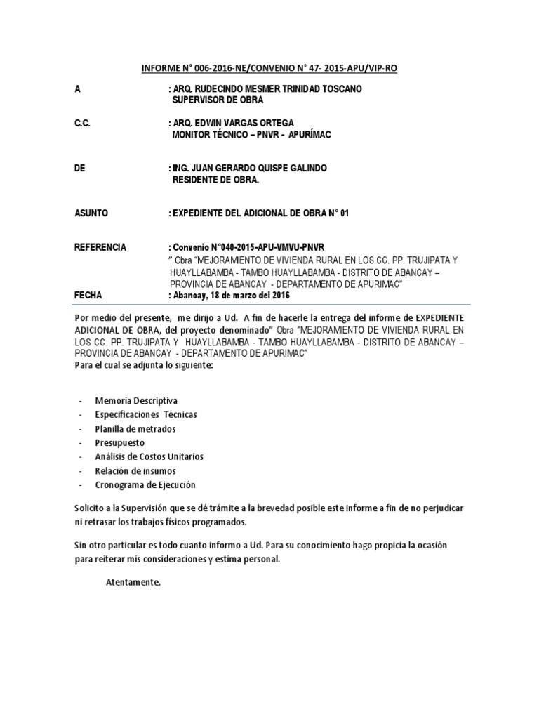 INFORME Adicional de Obra | PDF | Sectores Economicos | Ingeniería de Edificación