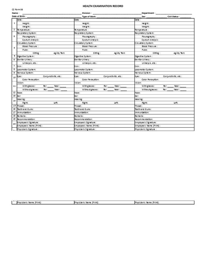 Health Examination Record (CS Form 86) | PDF | Medical Specialties ...