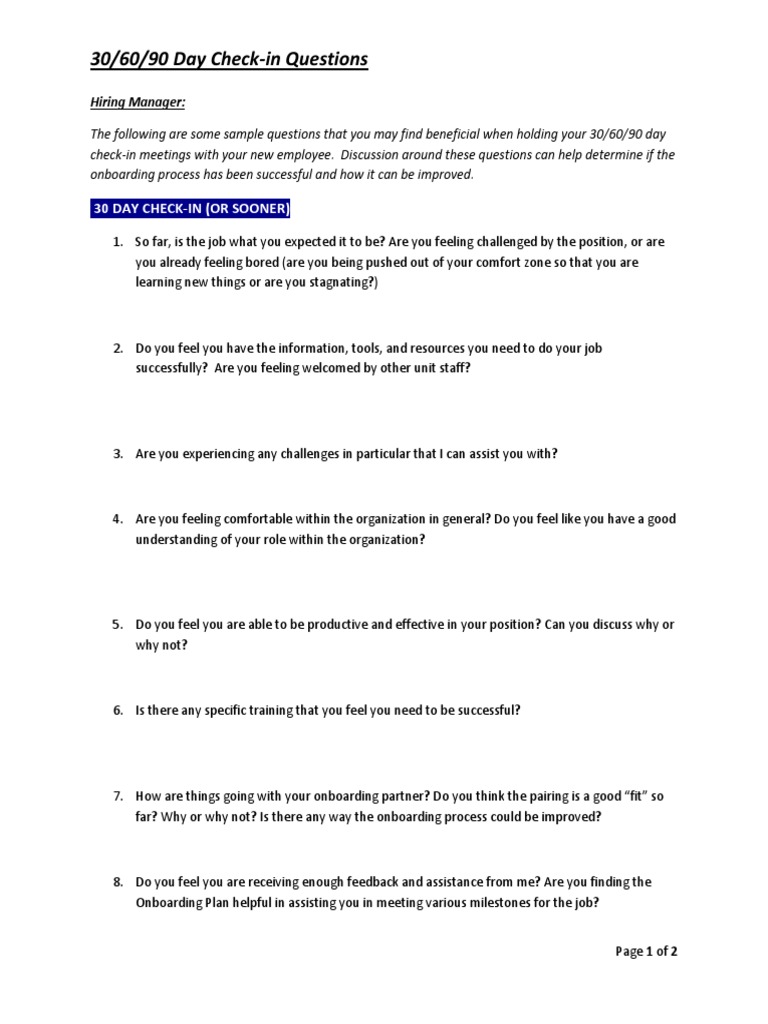 30/60/90 Day Employee Check-in Guide | PDF | Behavioural Sciences ...