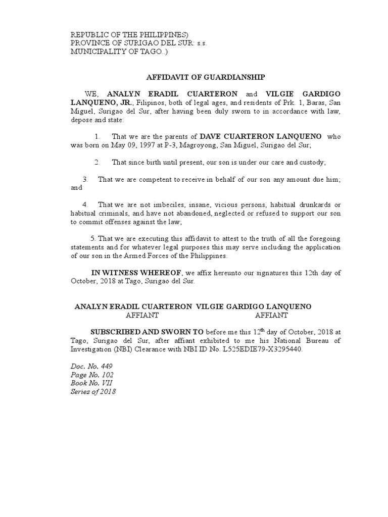 Affidavit of Guardianship (Parents) | PDF | Social Science