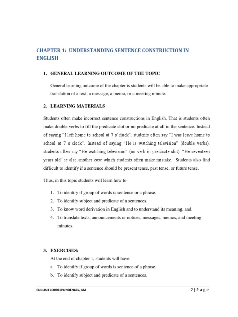 Chapter 1 Sentence Construction in English | PDF | Subject (Grammar ...