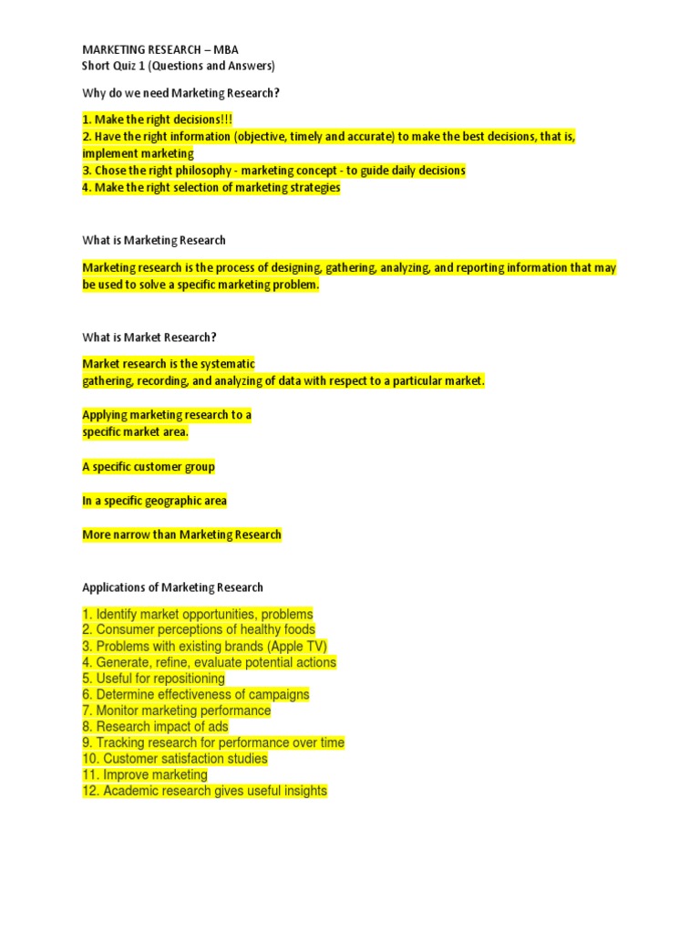 Marketing Research MBA - Quiz 1 | PDF | Marketing Research | System