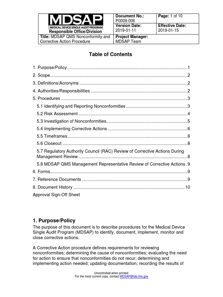 Qms Nonconformity And Corrective Action Procedures Pdf