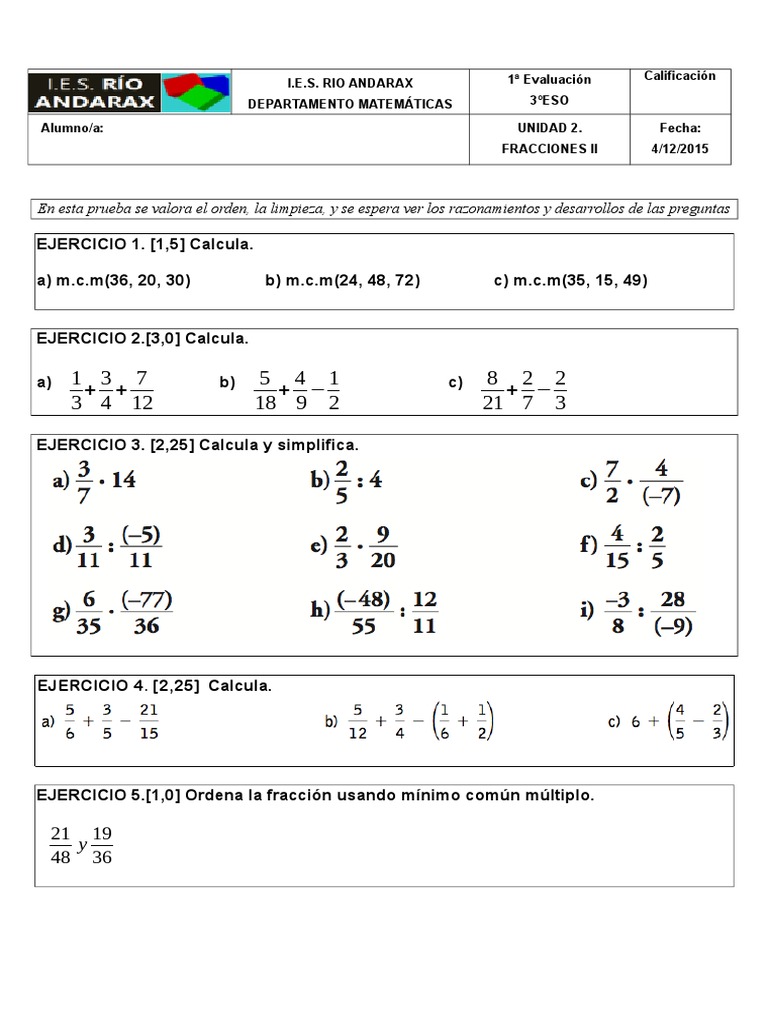Examen - Ud2 .Fracciones PDF | PDF