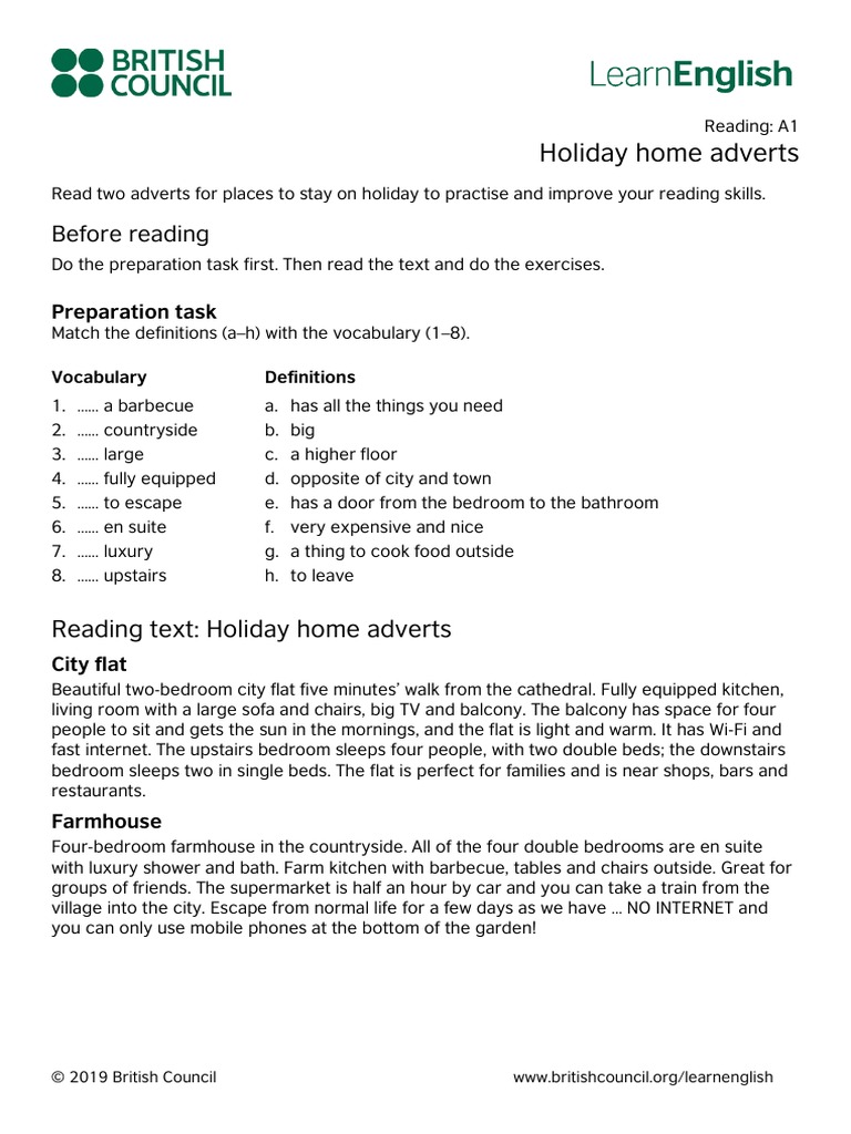 LearnEnglish-Reading-A1-Holiday Home Adverts | PDF | Bathroom