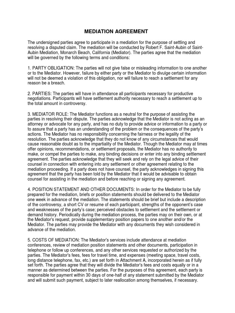Mediation Agreement | PDF | Mediation | Discovery (Law)