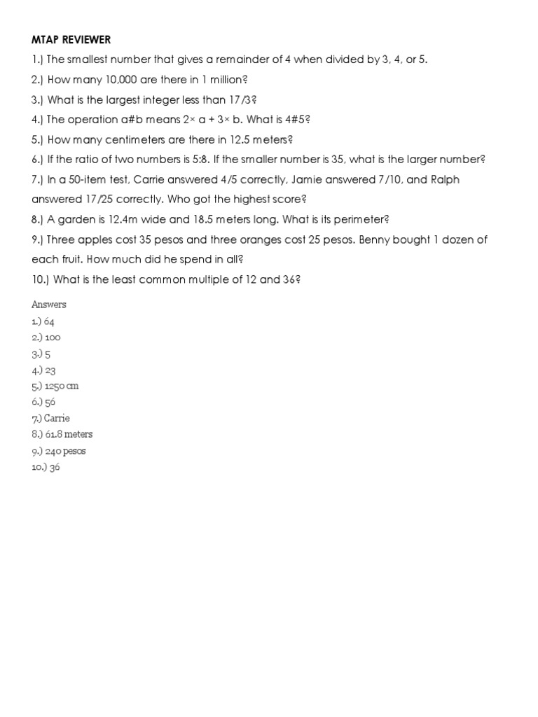 Mtap Reviewer - Test Paper | PDF | Fraction (Mathematics) | Area