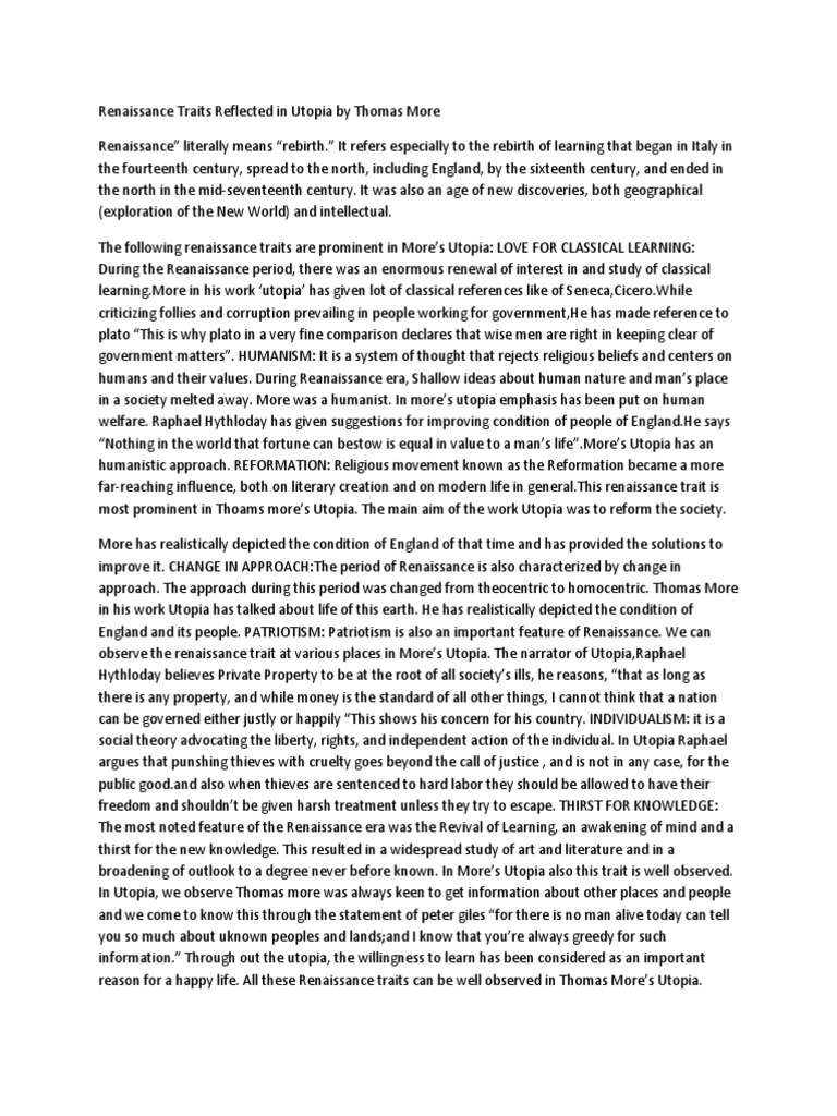 UTOPIA Renaissance Traits Reflected in Utopia by Thomas More | PDF ...