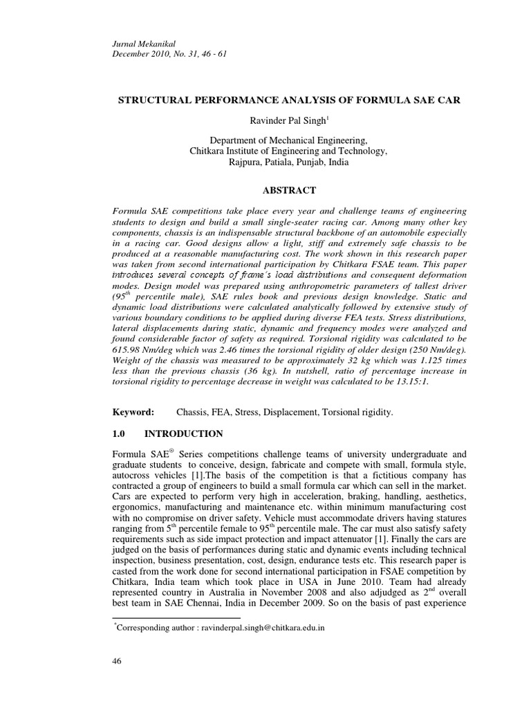 Structural Analysis of Formula SAE Car | PDF | Bending | Suspension ...
