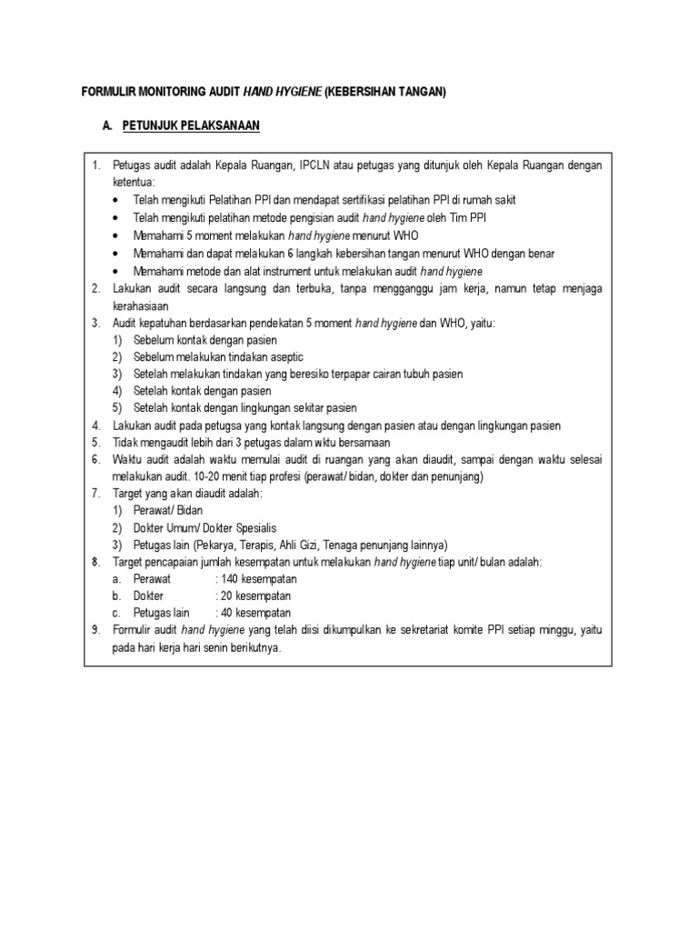 Formulir Monitoring Audit Hand Hygiene | PDF