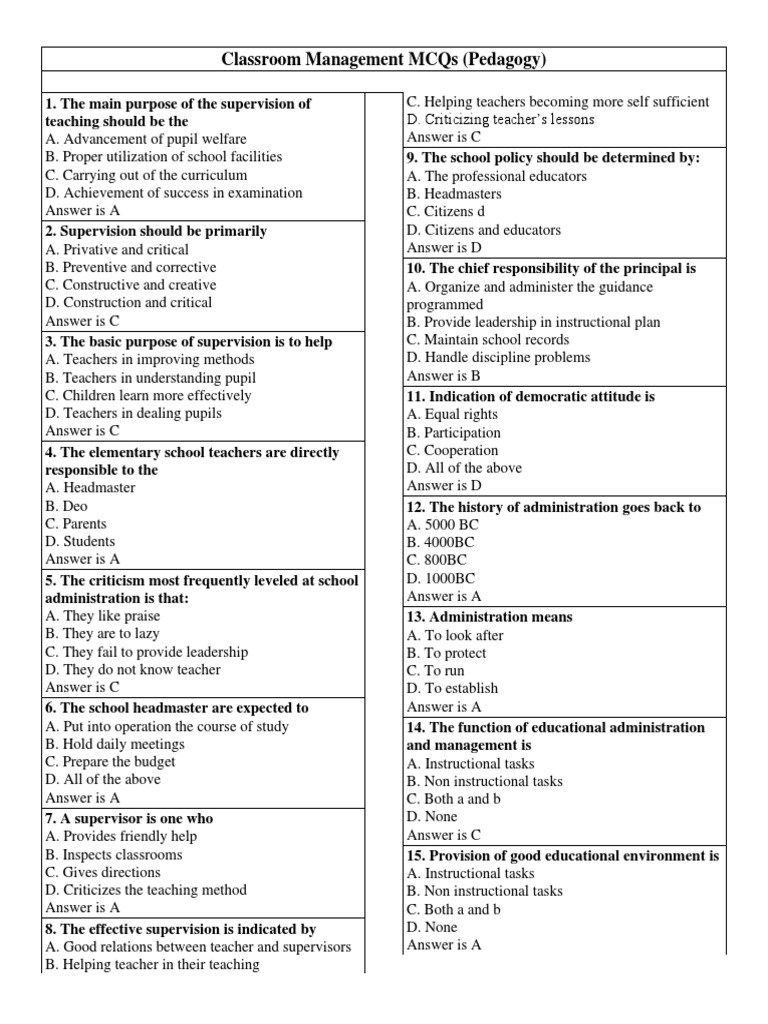 Classroom Management MCQs | PDF | Test (Assessment) | Educational ...